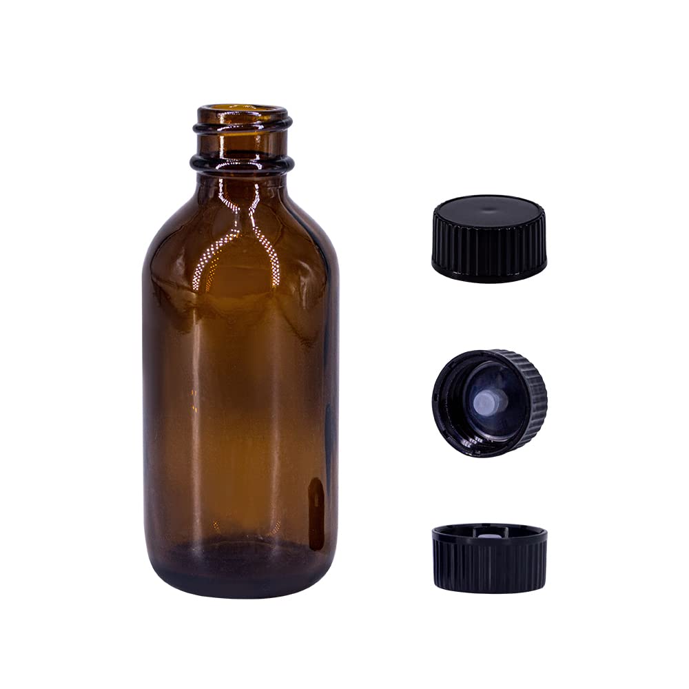 2 oz Amber Glass Boston Round Bottles With Black Ribbed Cap - Pack of 24