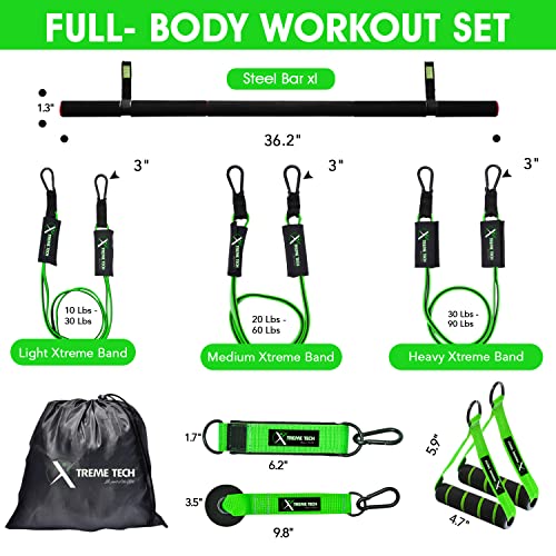 XTREME TECH Resistance Bands Set | Workout Kit with Bar, Handles, Door Anchor, Ankle Straps, Carry Bag, Insert Upto 180LBS for Heavy Exercise Home Gym Fitness Equipment Men & Women, Green