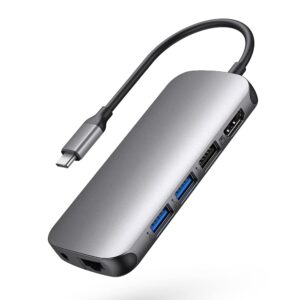 usb c hub-9 in 1 portable space aluminum dongle with 4k hdmi, 100w pd charging, card reader, 1000mbps ethernet port for macbook air/pro and more