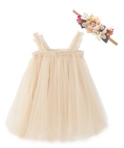 bow dream baby girls toddler tutu dress infant tulle dress party princess dress with flower headband ivory 0-3 months