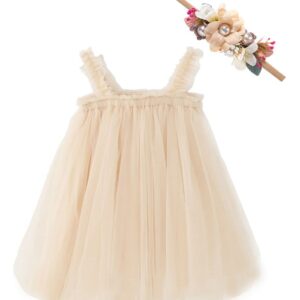 Bow Dream Baby Girls Toddler Tutu Dress Infant Tulle Dress Party Princess Dress with Flower Headband Ivory 0-3 Months