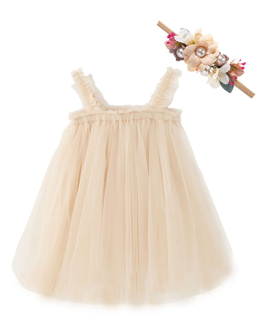 Bow Dream Baby Girls Toddler Tutu Dress Infant Tulle Dress Party Princess Dress with Flower Headband Ivory 0-3 Months