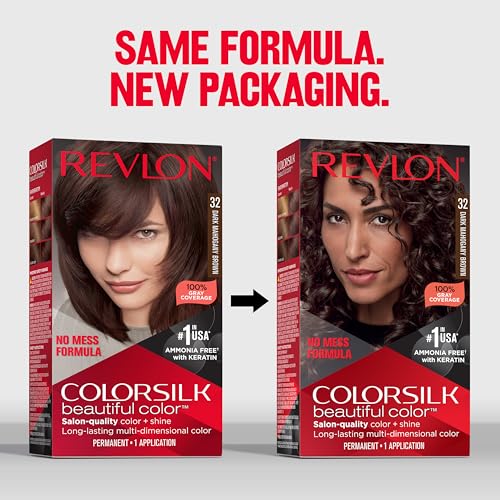 Permanent Hair Color by Revlon, Permanent Brown Hair Dye, Colorsilk with 100% Gray Coverage, Ammonia-Free, Keratin and Amino Acids, Brown Shades, 32 Dark Mahogany Brown (Pack of 3)