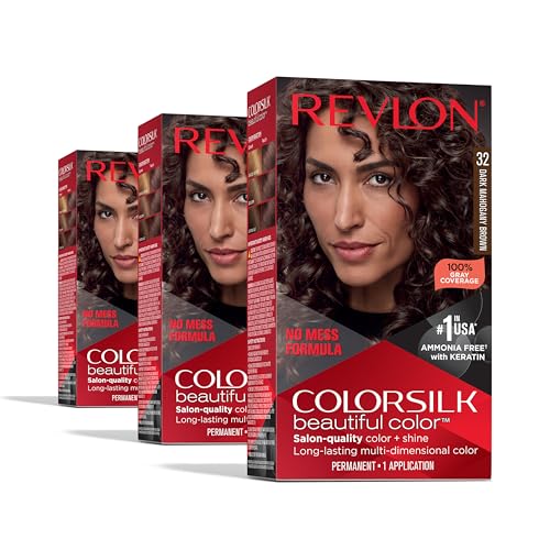 Permanent Hair Color by Revlon, Permanent Brown Hair Dye, Colorsilk with 100% Gray Coverage, Ammonia-Free, Keratin and Amino Acids, Brown Shades, 32 Dark Mahogany Brown (Pack of 3)