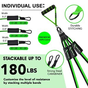 xtreme tech resistance bands set | workout kit with bar, handles, door anchor, ankle straps, carry bag, insert upto 180lbs for heavy exercise home gym fitness equipment men & women, green