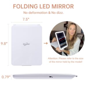 LED Foldable Tabletop Makeup Mirror for Travel, Cosmetic, Office - 7x9 inches,Portable, 3 Colors Light Modes USB Rechargeable Touch Screen, (White)