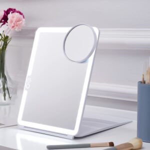 led foldable tabletop makeup mirror for travel, cosmetic, office - 7x9 inches,portable, 3 colors light modes usb rechargeable touch screen, (white)