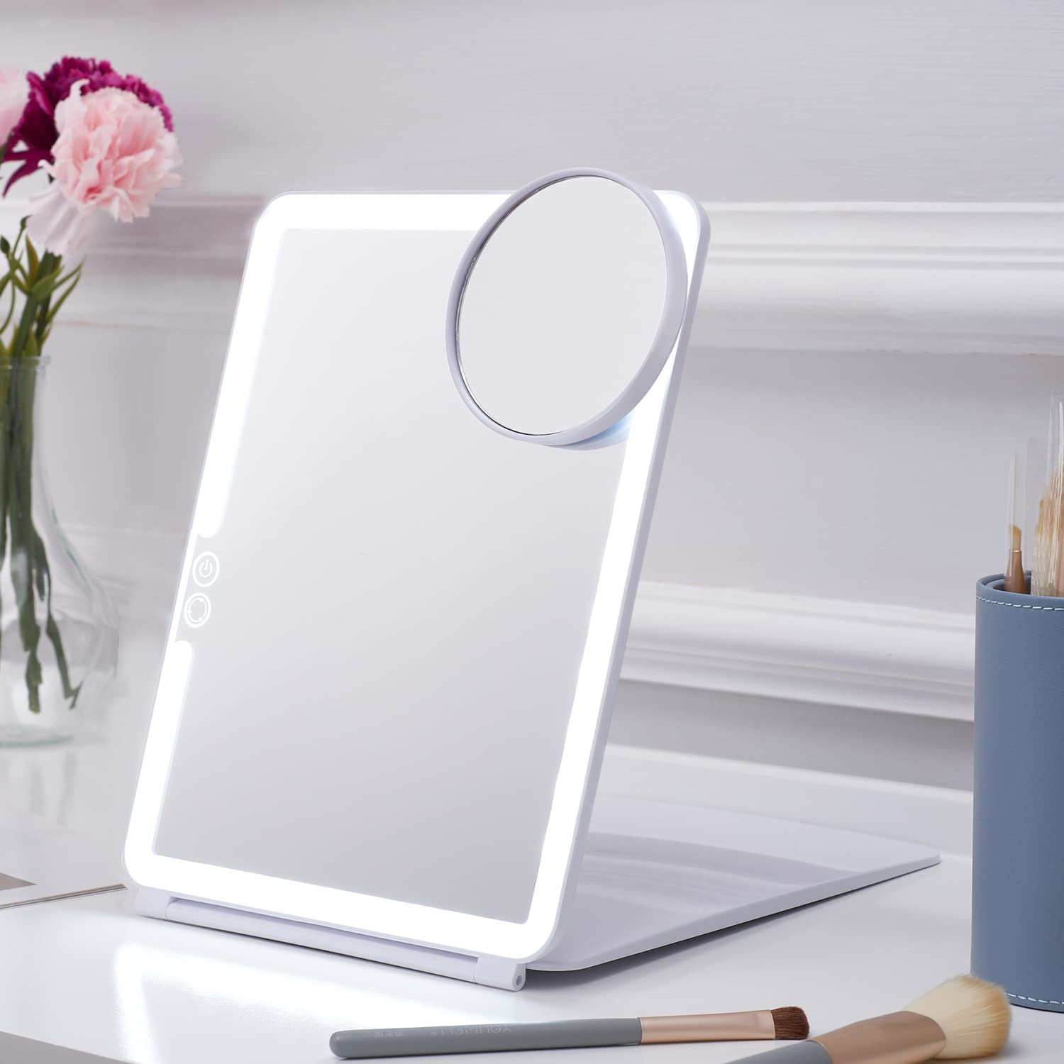 LED Foldable Tabletop Makeup Mirror for Travel, Cosmetic, Office - 7x9 inches,Portable, 3 Colors Light Modes USB Rechargeable Touch Screen, (White)