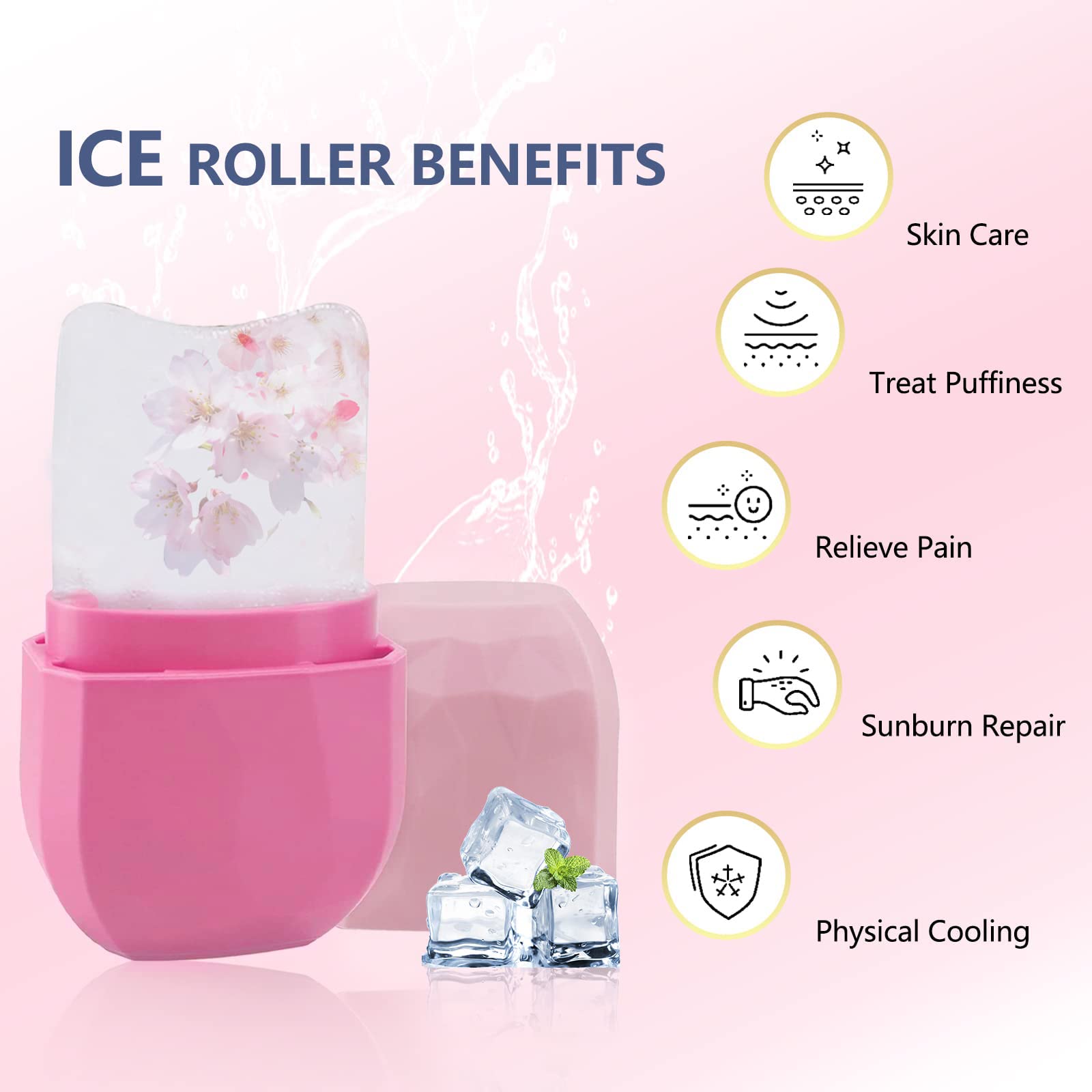 Ice Roller for Face and Eye, Gua Sha Face Massage, Facial Beauty Ice Roller, Silicone Ice Mold for Face Beauty (Pink)