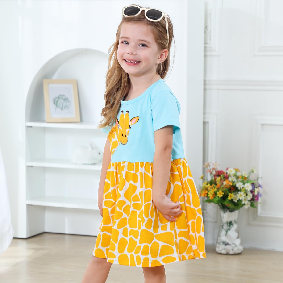 RETSUGO Little Girls A-Line Dress Kids Cute Giraffe Short Sleeve Summer Sundress Toddler Girl Casual Cotton Outfits for Party 1-8 Years Giraffe-1056-2T