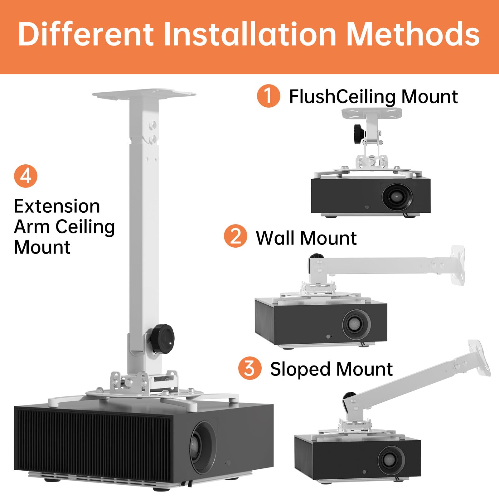 JOY worker Universal Projector Ceiling Mount Bracket Holder Fits Flat or Sloped Ceiling, Full Motion Projector Mount with Extending Arms for Home and Office, White