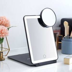 foldable double sided tabletop mirror - rechargeable lighted magnifying mirror 10 x and 1x，3 colors light - adjustable foldable handle for makeup/travel and blackhead removal.