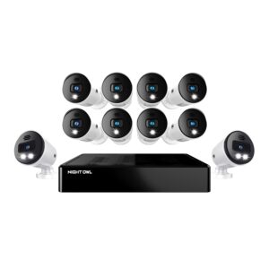 night owl expandable 12 channel wired bluetooth dvr with (8) wired bnc and (2) wired ip 4k uhd spotlight cameras and 2tb hard drive