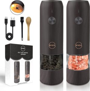 electric salt and pepper grinder set - rechargeable usb cable, led lights, automatic pepper and salt mill grinder set refillable, adjustable coarseness, one hand operation (black brown 2 pack)