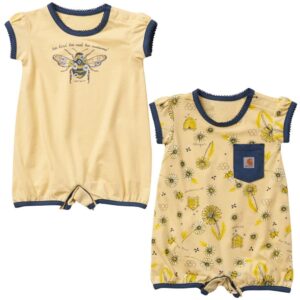 carhartt baby girls short-sleeve bee print romper 2-piece set, mellow yellow, 18 months