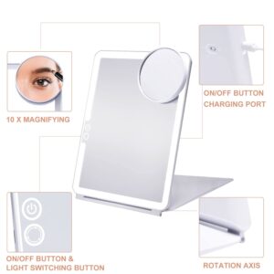 LED Foldable Tabletop Makeup Mirror for Travel, Cosmetic, Office - 7x9 inches,Portable, 3 Colors Light Modes USB Rechargeable Touch Screen, (White)