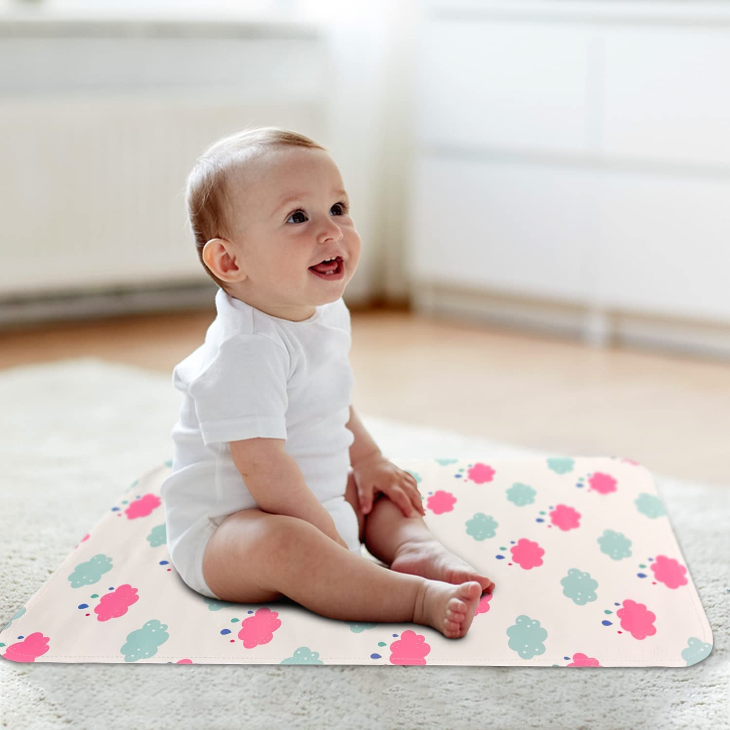 Suqoon Portable Baby Diaper Changing Pad - 16" x 30" - Waterproof, Foldable - Vegan Leather Stylish Mat for Newborns & Toddlers - Carry Along in Your Bag - Ideal for Mothers - Clouds