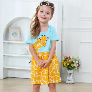 RETSUGO Little Girls A-Line Dress Kids Cute Giraffe Short Sleeve Summer Sundress Toddler Girl Casual Cotton Outfits for Party 1-8 Years Giraffe-1056-2T