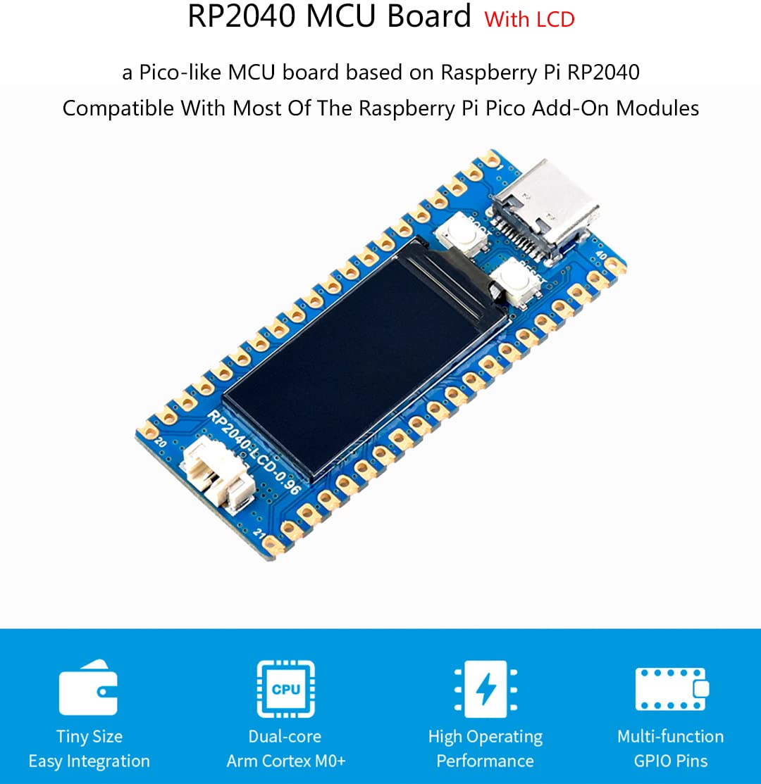 waveshare RP2040 MCU Board with Pre-Soldered Header, Onboard 0.96inch 160x80 IPS LCD Display, Pico-Like MCU Board Based on Raspberry Pi RP2040, Dual-Core Arm Cortex M0+ Processor