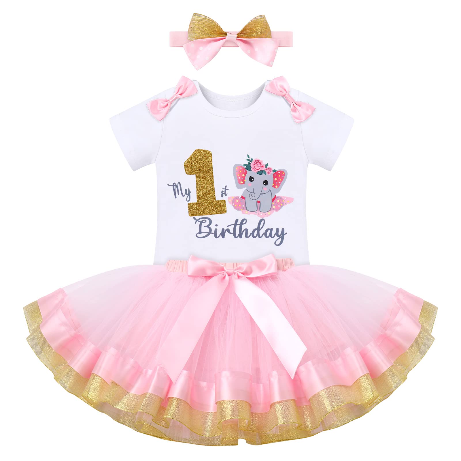 IDOPIP Elephant 1st Birthday Outfit for Baby Girl Elephant Romper + Ruffle Tulle Tutu Skirt + Headband 3PCS Clothes Set for Elephant Theme Jungle Zoo Birthday Cake Smash Photo Shoot Pink 1 Year