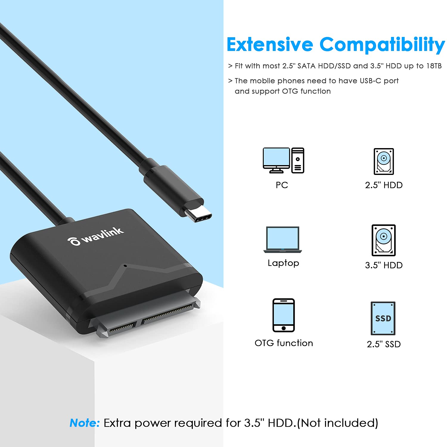 WAVLINK SATA to USB C Adapter Cable, USB-C (Thunderbolt 3) to SATA III Hard Driver Adapter Compatible for 2.5" SSD and HDD Hard Drive 5Gbps SATA III UASP