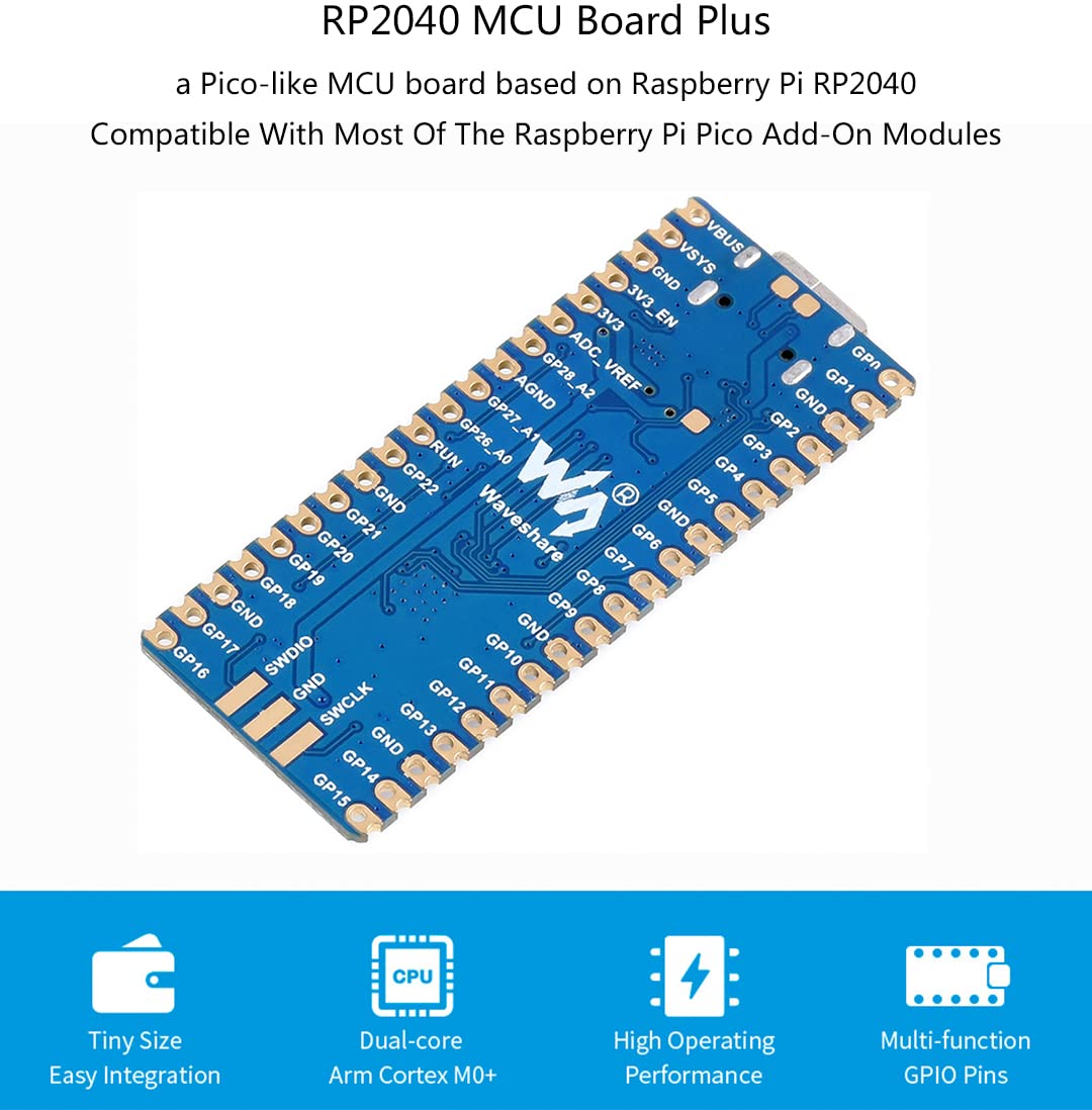 waveshare RP2040-Plus Board (Without Header), Pico-Like MCU Board Based on Raspberry Pi RP2040, Dual-Core Arm Cortex M0+ Processor Onboard 4MB Flash,USB-C Connector, Recharge Header,etc