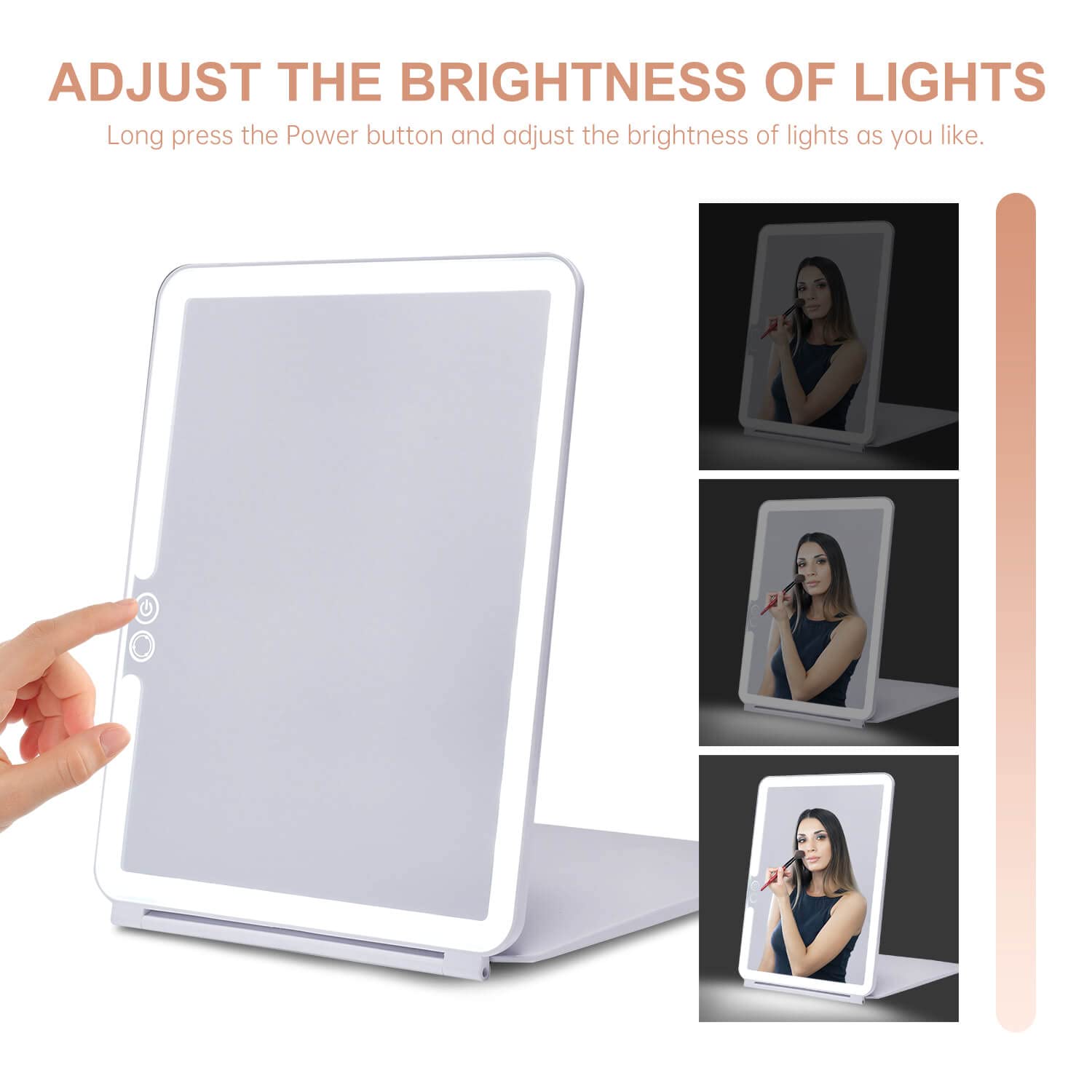 LED Foldable Tabletop Makeup Mirror for Travel, Cosmetic, Office - 7x9 inches,Portable, 3 Colors Light Modes USB Rechargeable Touch Screen, (White)