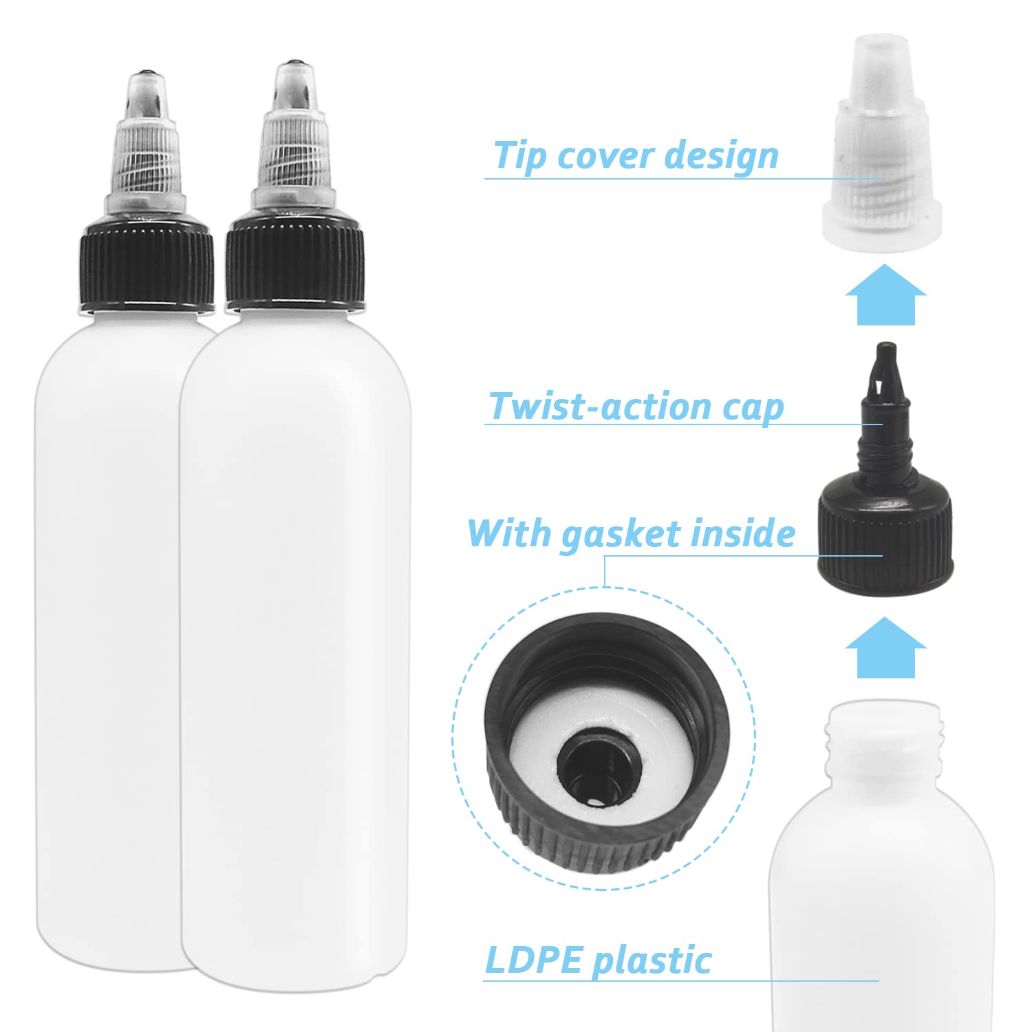 Szsrcywd 20 Pack 4 oz/120 ml Boston Dispensing Bottles,Plastic Squeeze Bottles with Twist Top Cap,Round LDPE Bottles for Paint,Liquids,Inks,Kitchen,Household