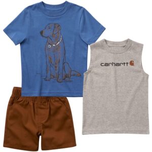 carhartt baby boys short-sleeve t-shirt, sleeveless t-shirt, & canvas shorts set rompers, carhartt brown, 3 months us