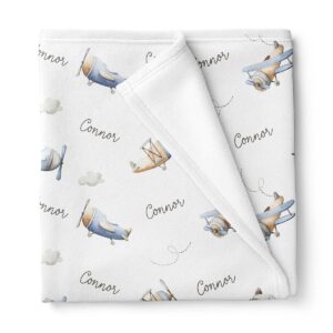 stork wares retro airplanes personalized baby boy swaddle blanket, white, 30x40inch (bb343)