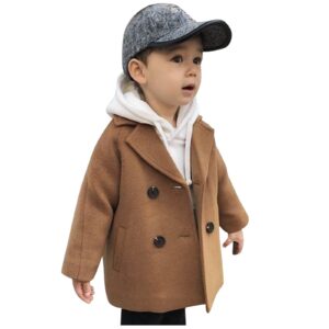 polg toddler kids plaid coat elegant notched collar double breasted wool blend over pea coat baby girls boys trench coat (khaki, 3-4 years)3-4t