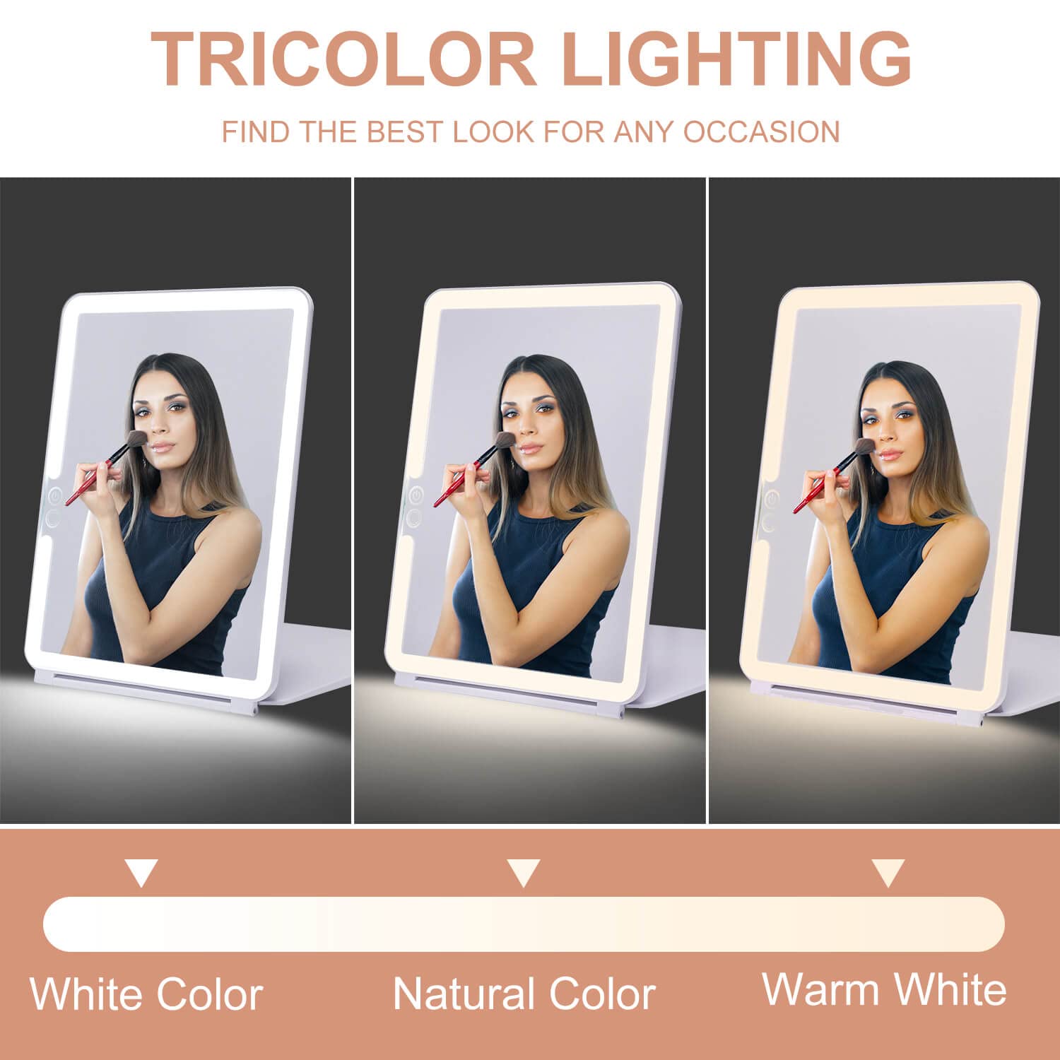 LED Foldable Tabletop Makeup Mirror for Travel, Cosmetic, Office - 7x9 inches,Portable, 3 Colors Light Modes USB Rechargeable Touch Screen, (White)