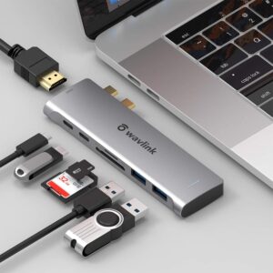 wavlink usb c hub adapter for macbook pro air 2020, 7-in-2 macbook pro dongle usb adapter type c multiport hub docking station,4k hdmi,2 usb 3.0, sd/tf card reader, thunderbolt 3 100w pd port,usb-c