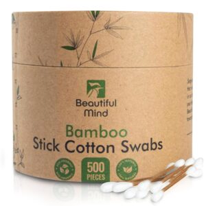 beautiful mind bamboo cotton swabs for ears – 500 pack – carbonized bamboo ear swabs for durability with long qtips – eco-friendly, biodegradable & vegan – 100% organic cotton swabs for makeup