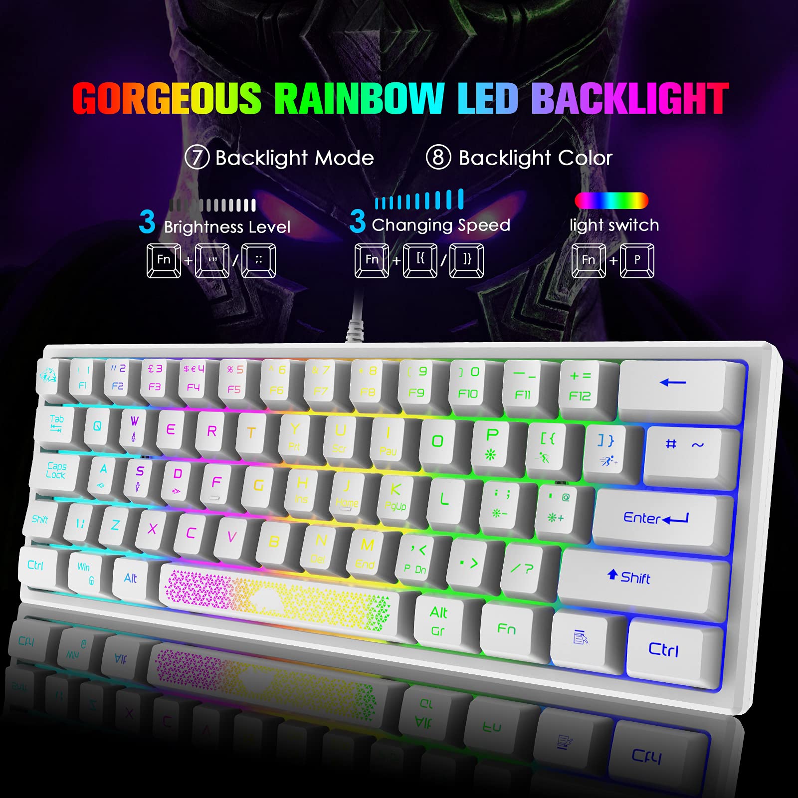 Gaming Keyboard and Mouse Combo Mini Portable with Chroma RGB Backlit Ergonomic 62Key Layout 19Key Anti-ghosting Mechanical Feel 3200DPI Honeycomb Mice USB Wired for PC Mac Gamer Laptop Typists(White)