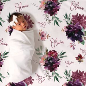 Stork Wares Violet Burgundy Floral Personalized Baby Girl Swaddle Blanket, White, 30x40', (BB336)