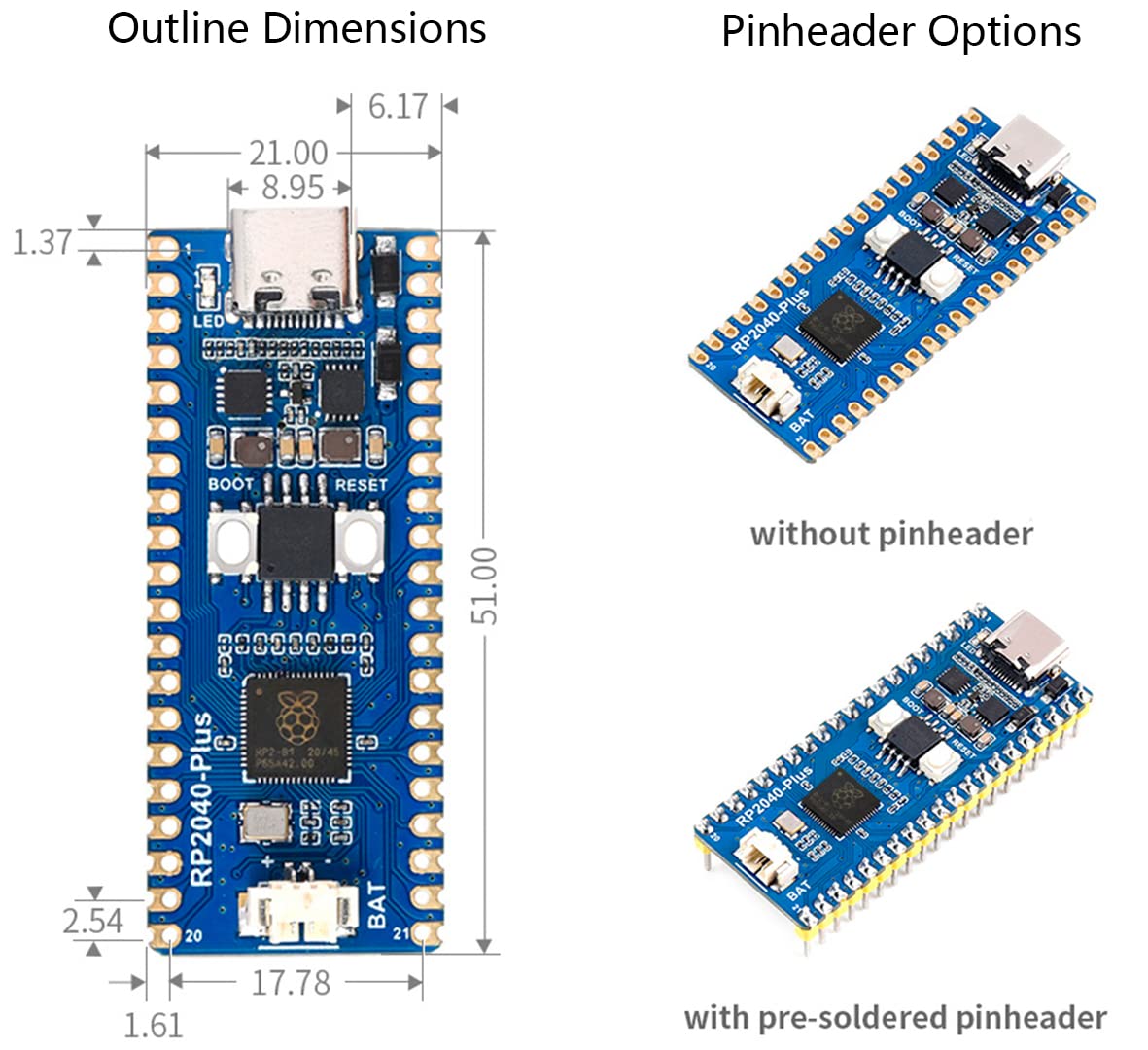 waveshare RP2040-Plus Board (Without Header), Pico-Like MCU Board Based on Raspberry Pi RP2040, Dual-Core Arm Cortex M0+ Processor Onboard 4MB Flash,USB-C Connector, Recharge Header,etc