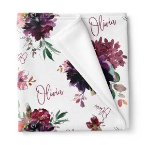 stork wares violet burgundy floral personalized baby girl swaddle blanket, white, 30x40', (bb336)