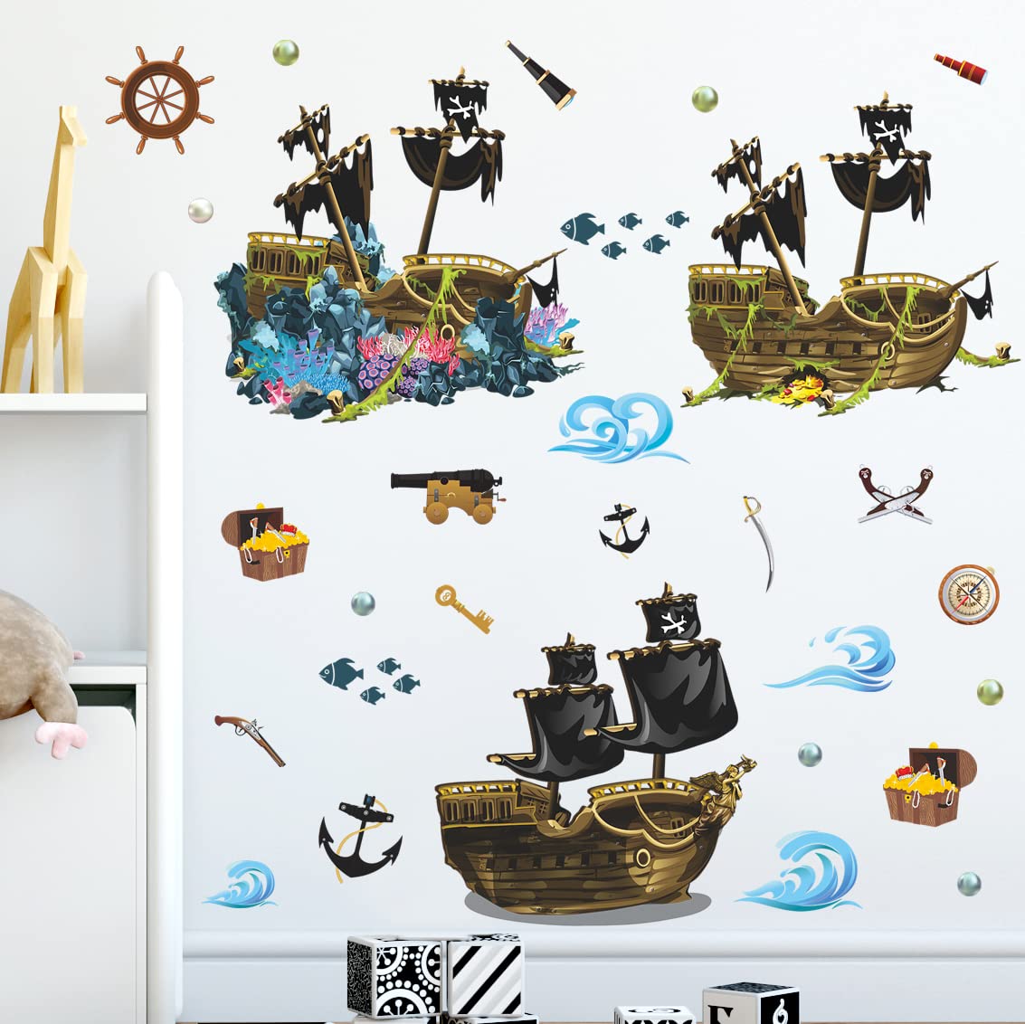 3D Pirate Ship Wall Decals Shipwreck Wall Stickers Underwater Theme DIY Removable Shipwreck Fish Jewelry Seaweed Coral Pearl Waves Sea View Wall Decor for Kids Boys Bedroom Nursery Playroom DT-4943