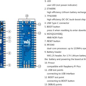 waveshare RP2040-Plus Board (Without Header), Pico-Like MCU Board Based on Raspberry Pi RP2040, Dual-Core Arm Cortex M0+ Processor Onboard 4MB Flash,USB-C Connector, Recharge Header,etc