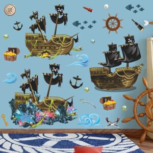 3d pirate ship wall decals shipwreck wall stickers underwater theme diy removable shipwreck fish jewelry seaweed coral pearl waves sea view wall decor for kids boys bedroom nursery playroom dt-4943