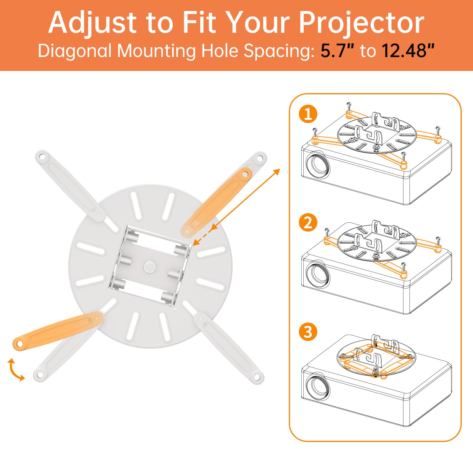 JOY worker Universal Projector Ceiling Mount Bracket Holder Fits Flat or Sloped Ceiling, Full Motion Projector Mount with Extending Arms for Home and Office, White