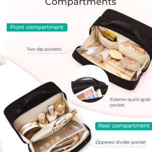 BAGSMART Large Makeup Bag Organizer,Double-Layer Travel Cosmetic Case with Acrylic Mirror,Makeup Train Case with Adjustable Dividers Women Cosmetics Makeup Brushes Toiletries,Black