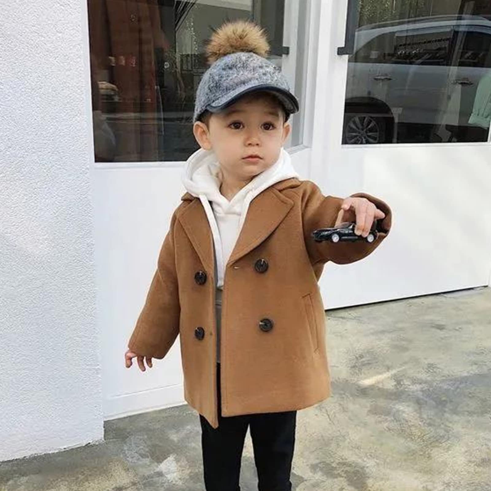 POLG Toddler Kids Plaid Coat Elegant Notched Collar Double Breasted Wool Blend Over Pea Coat Baby Girls Boys Trench Coat (Khaki, 3-4 Years)3-4T