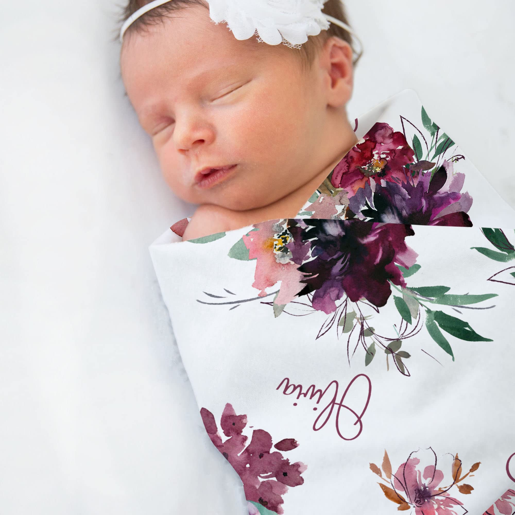 Stork Wares Violet Burgundy Floral Personalized Baby Girl Swaddle Blanket, White, 30x40', (BB336)