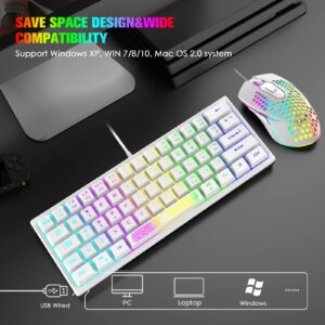 Gaming Keyboard and Mouse Combo Mini Portable with Chroma RGB Backlit Ergonomic 62Key Layout 19Key Anti-ghosting Mechanical Feel 3200DPI Honeycomb Mice USB Wired for PC Mac Gamer Laptop Typists(White)