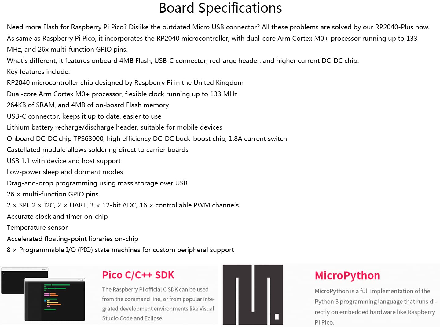 waveshare RP2040-Plus Board (Without Header), Pico-Like MCU Board Based on Raspberry Pi RP2040, Dual-Core Arm Cortex M0+ Processor Onboard 4MB Flash,USB-C Connector, Recharge Header,etc