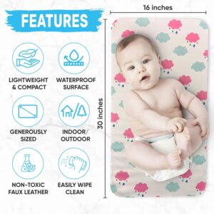 Suqoon Portable Baby Diaper Changing Pad - 16" x 30" - Waterproof, Foldable - Vegan Leather Stylish Mat for Newborns & Toddlers - Carry Along in Your Bag - Ideal for Mothers - Clouds