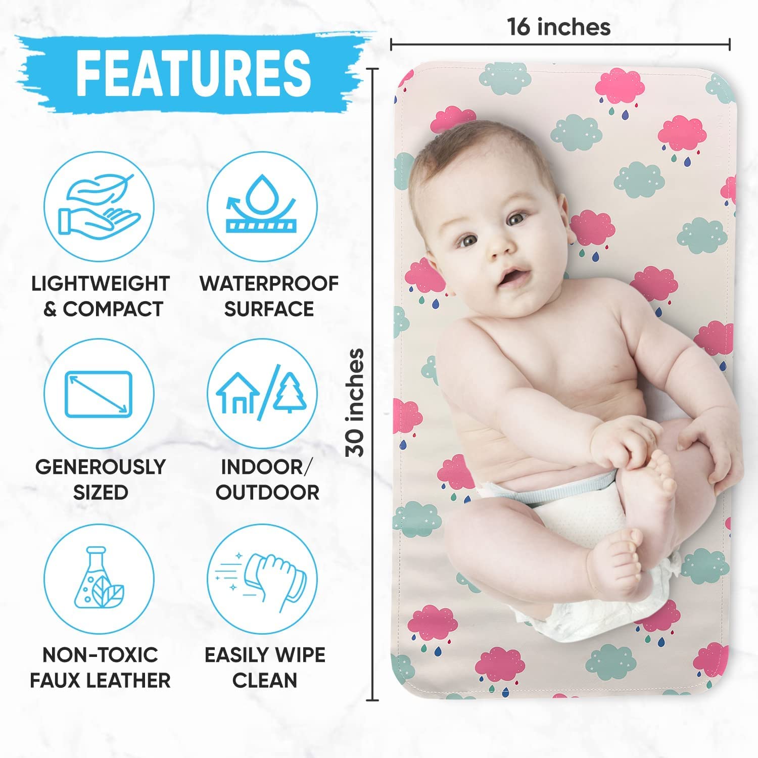 Suqoon Portable Baby Diaper Changing Pad - 16" x 30" - Waterproof, Foldable - Vegan Leather Stylish Mat for Newborns & Toddlers - Carry Along in Your Bag - Ideal for Mothers - Clouds