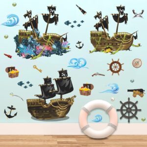 3D Pirate Ship Wall Decals Shipwreck Wall Stickers Underwater Theme DIY Removable Shipwreck Fish Jewelry Seaweed Coral Pearl Waves Sea View Wall Decor for Kids Boys Bedroom Nursery Playroom DT-4943